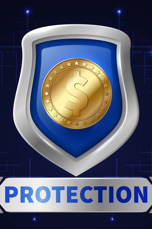 Banking money protection. Golden coin in realistic shield, s