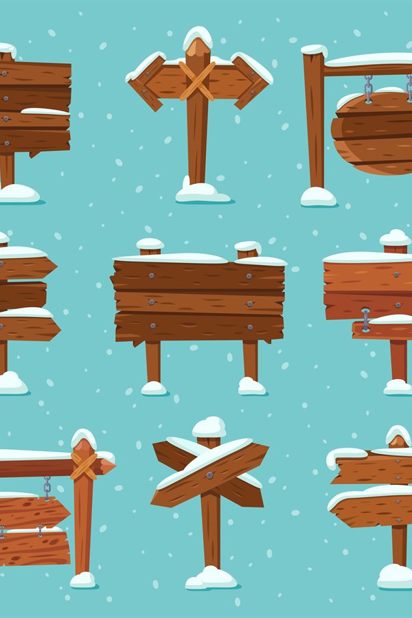 Cartoon snowed signpost. Christmas wooden signpost with snow