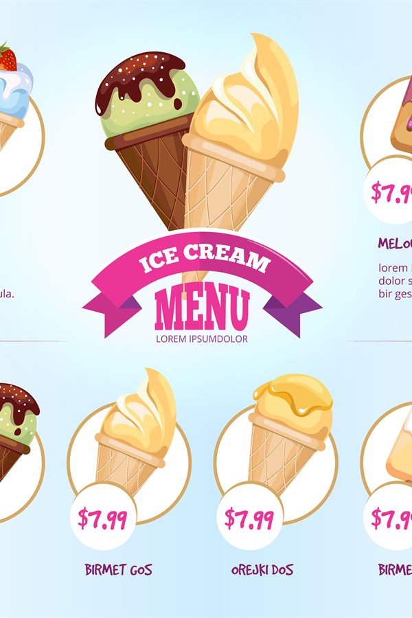 Cafe, restaurant ice cream menu vector template