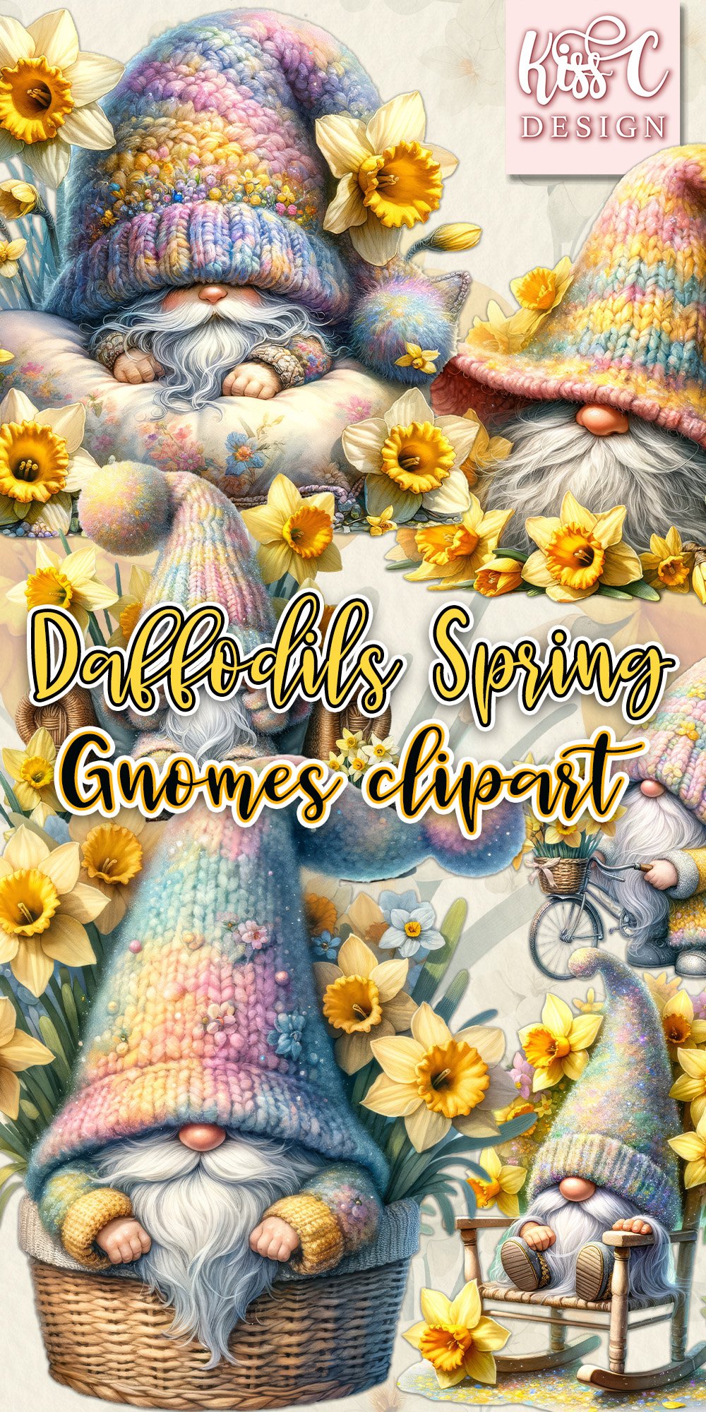 Watercolor Spring Gnome with Daffodils Sublimation Clipart