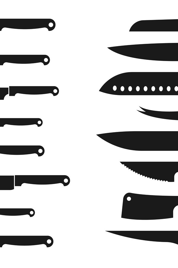 Meat cutting knives set. Kitchen metal knife isolated vector