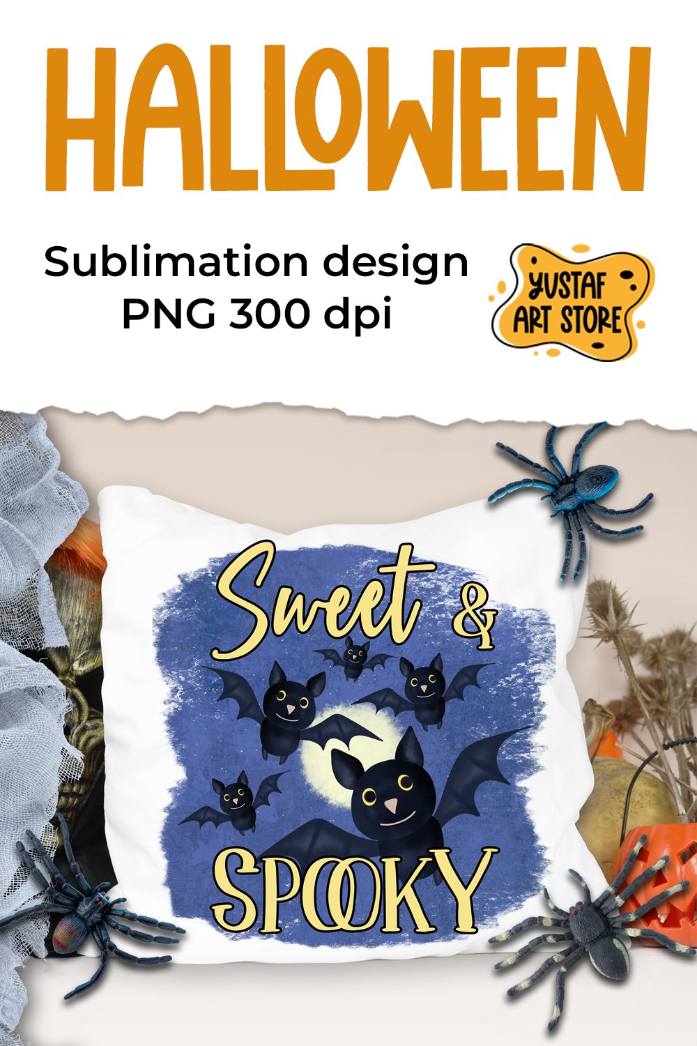 Halloween sublimation design.Sweet & Spooky.Bat in the night