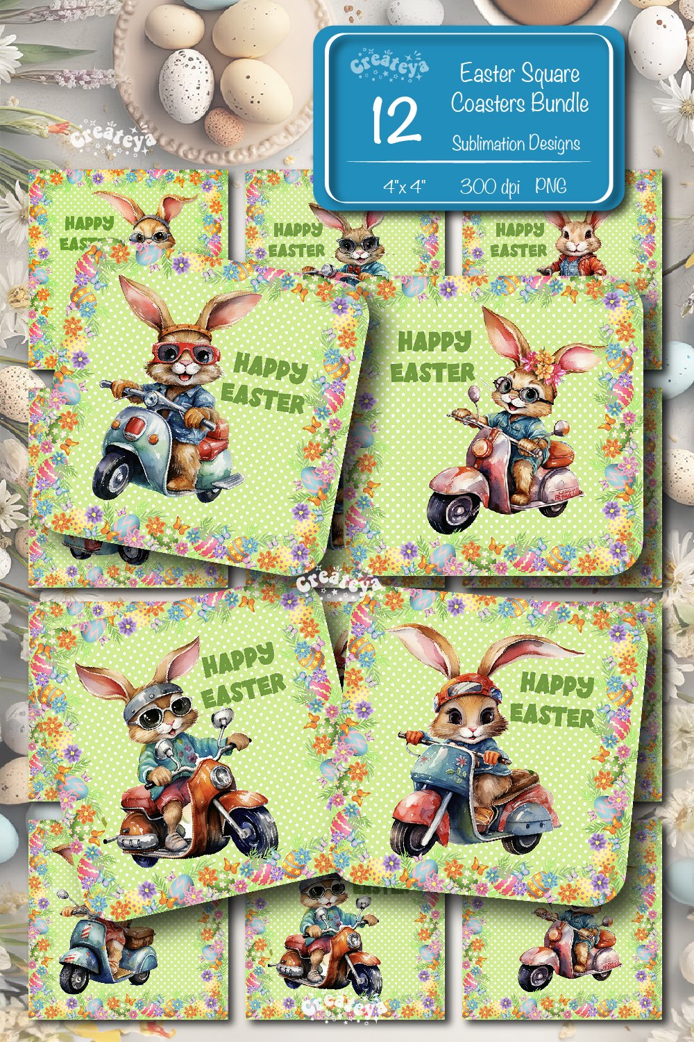 Square Easter coaster Bundle Easter watercolor Funny Bunny