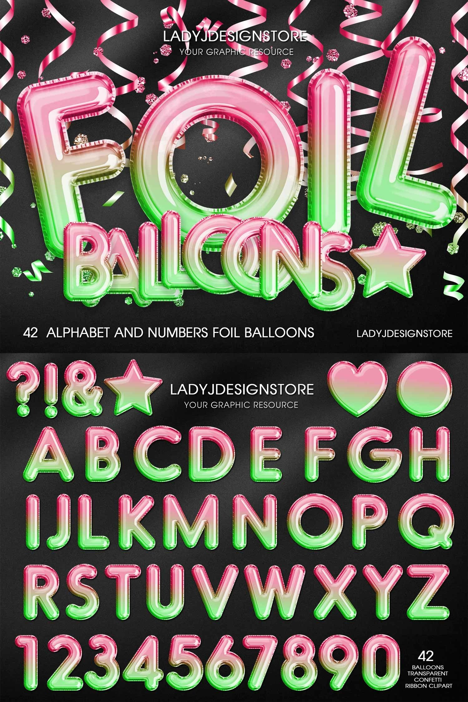 Ombre Pink Green Foil Balloon Alphabet Clip Art PNG