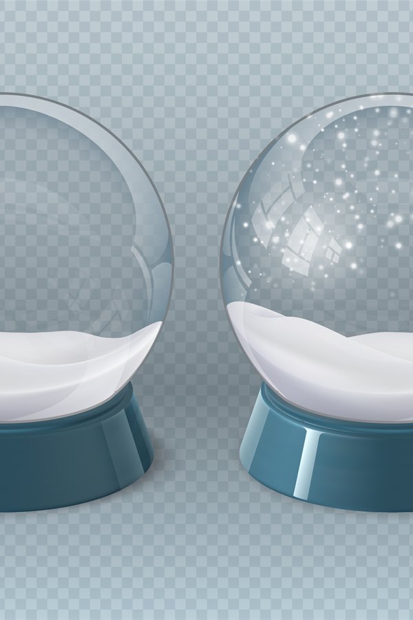 Realistic magic glass globe empty, with snow and snowman. Ch