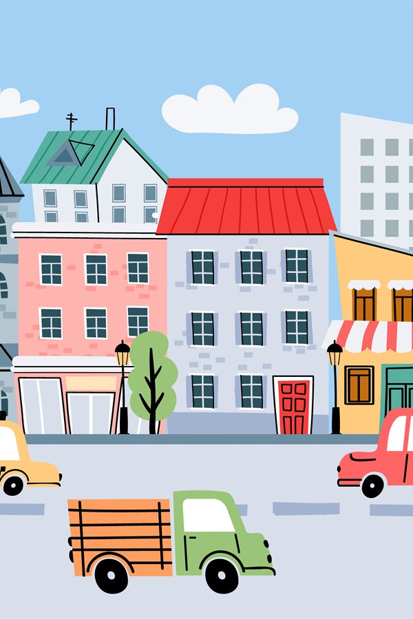 Cartoon city landscape with buildings and cars seamless back