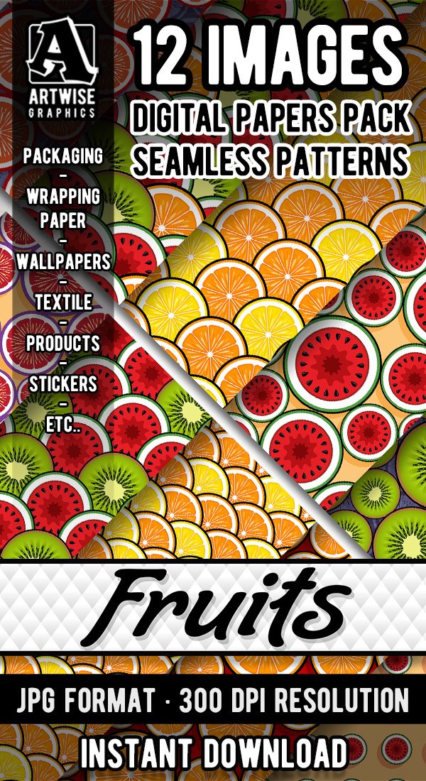 Fruits Seamless Pattern Vegan Digital Paper Design Graphics