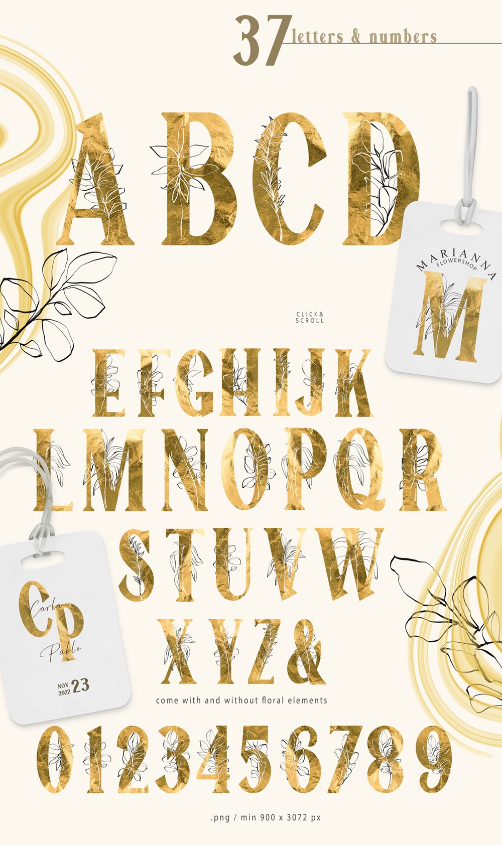 Gold foil floral alphabet clipart- 37 png files