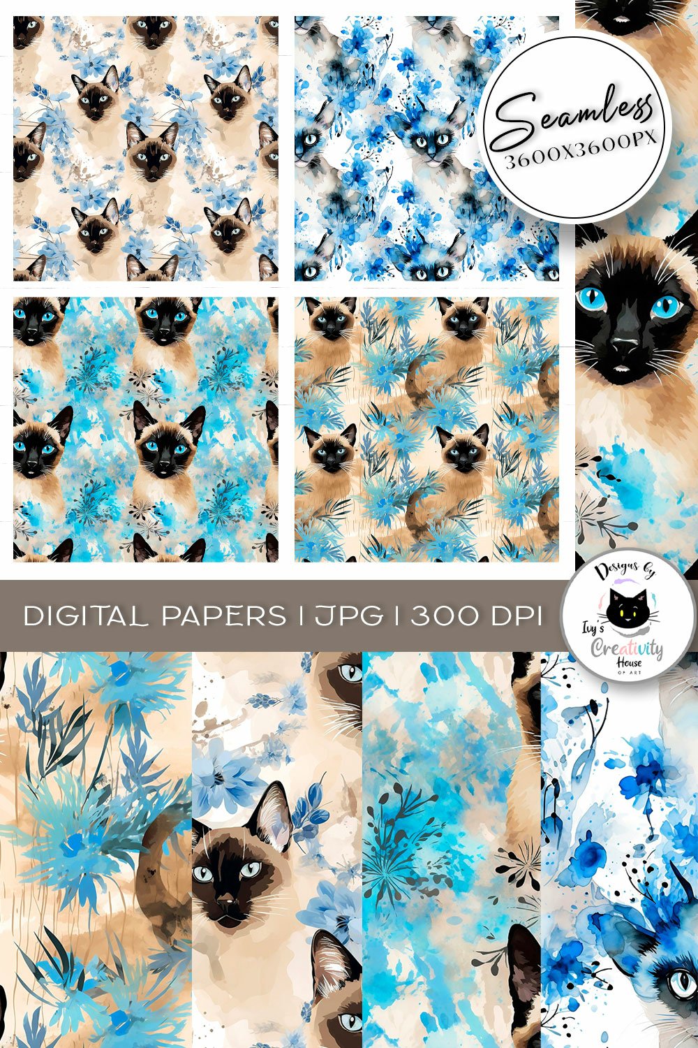Watercolor Siamese Cat Digital Paper | Seamless Cat Pattern