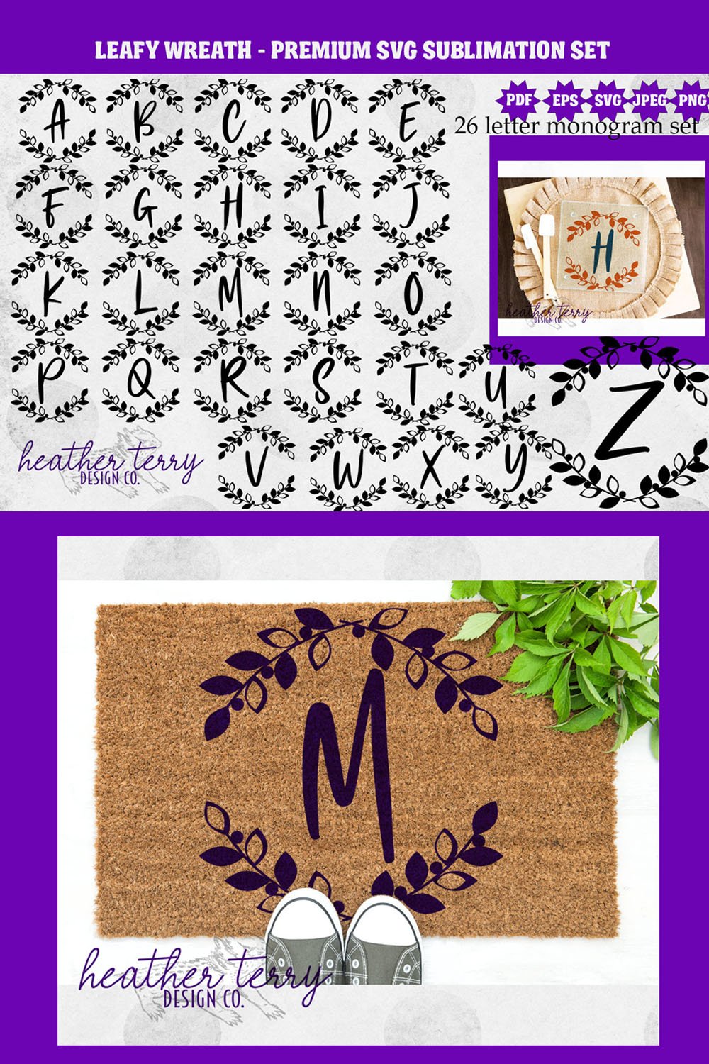 Leafy Wreath monogram svg alphabet sublimation bundle