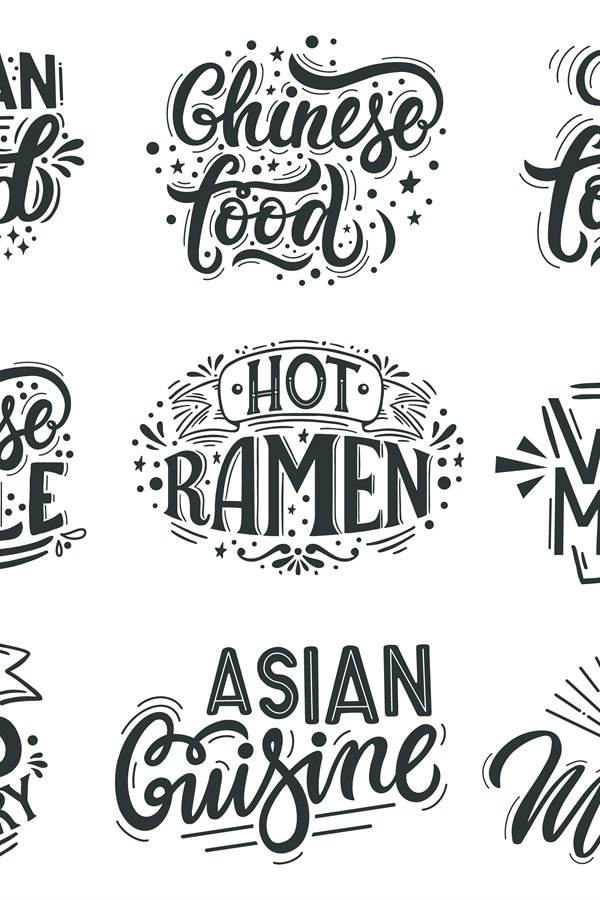 Asian wok. Noodle, ramen and wok cafe menu lettering quotes,