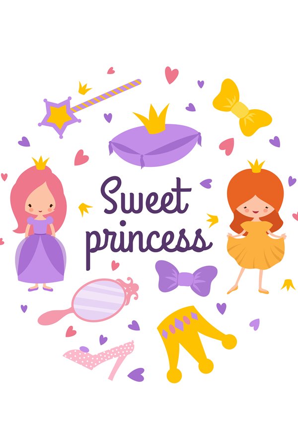 Cartoon character princess vector emblem with crown, magic w