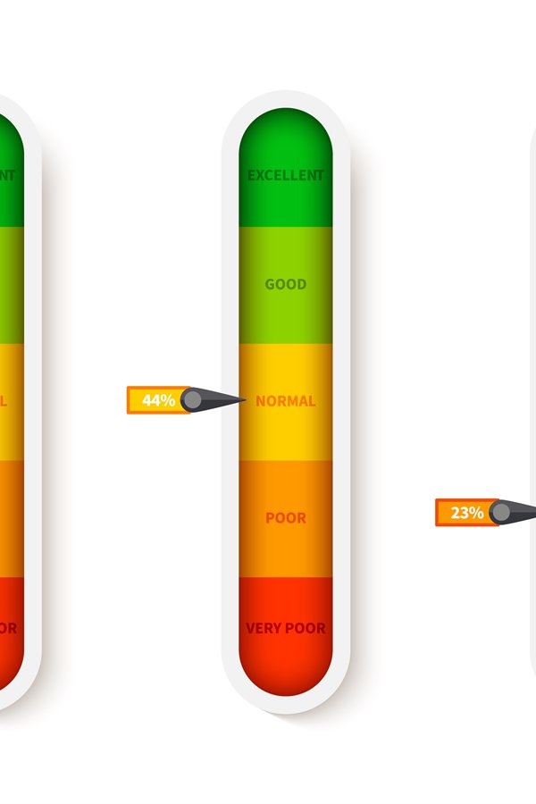Level indicator meter with percentage units. Scoring progres