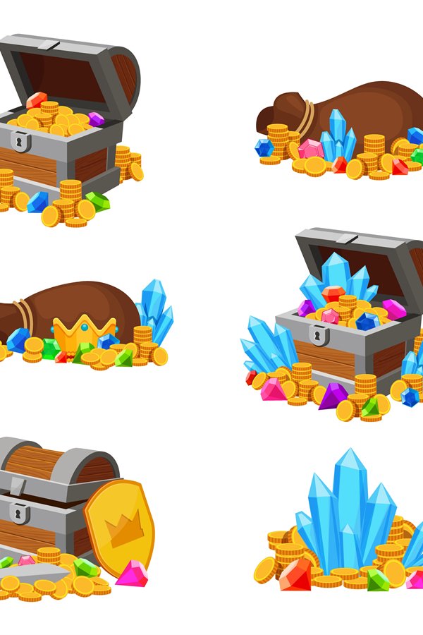 Cartoon treasure. Game icons of open chests and bags with go