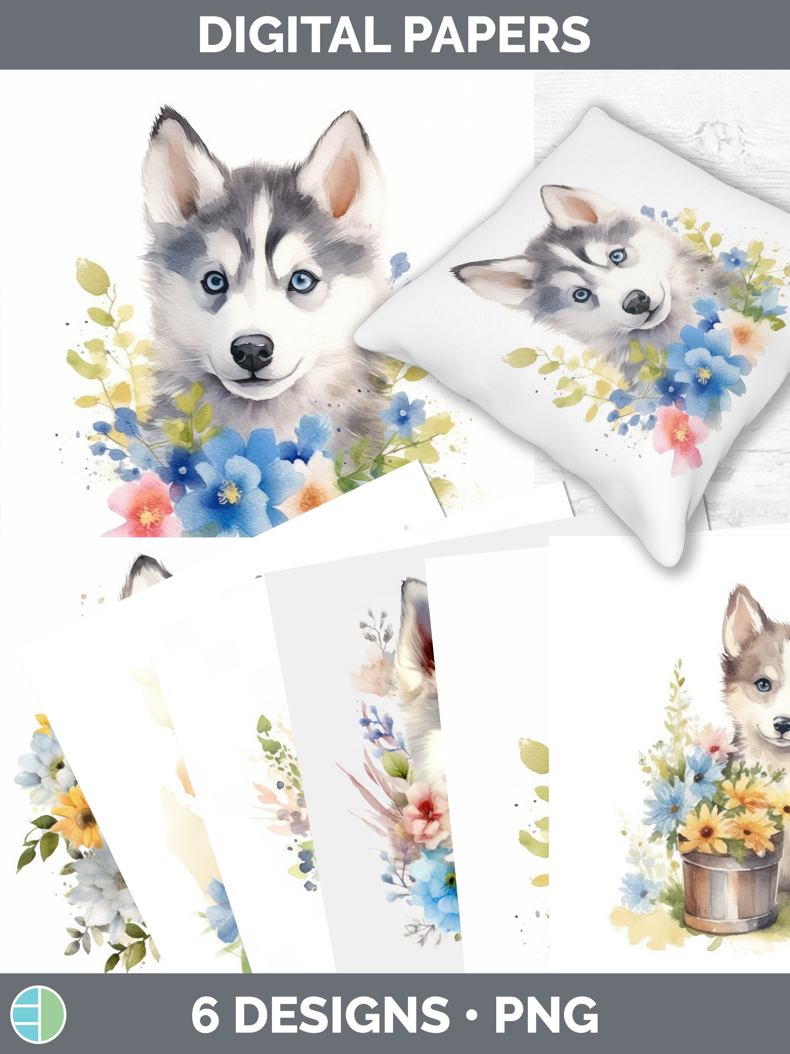 Watercolor Husky Dog Paper Backgrounds | Digital Scrapbook P