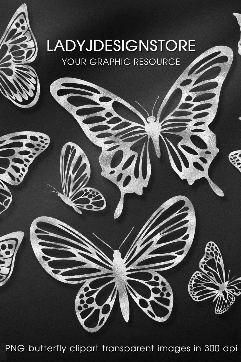 Silver Foil Butterfly Clipart, 18 silver glitter butterfly