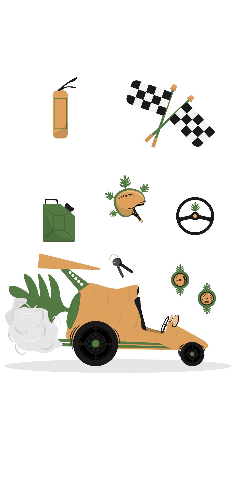 Cartoon carrot car. Vegetable ith racing car accessories