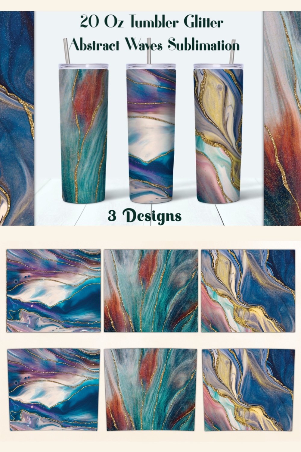3 Abstract Waves with Gold Tumbler Sublimation Designs.