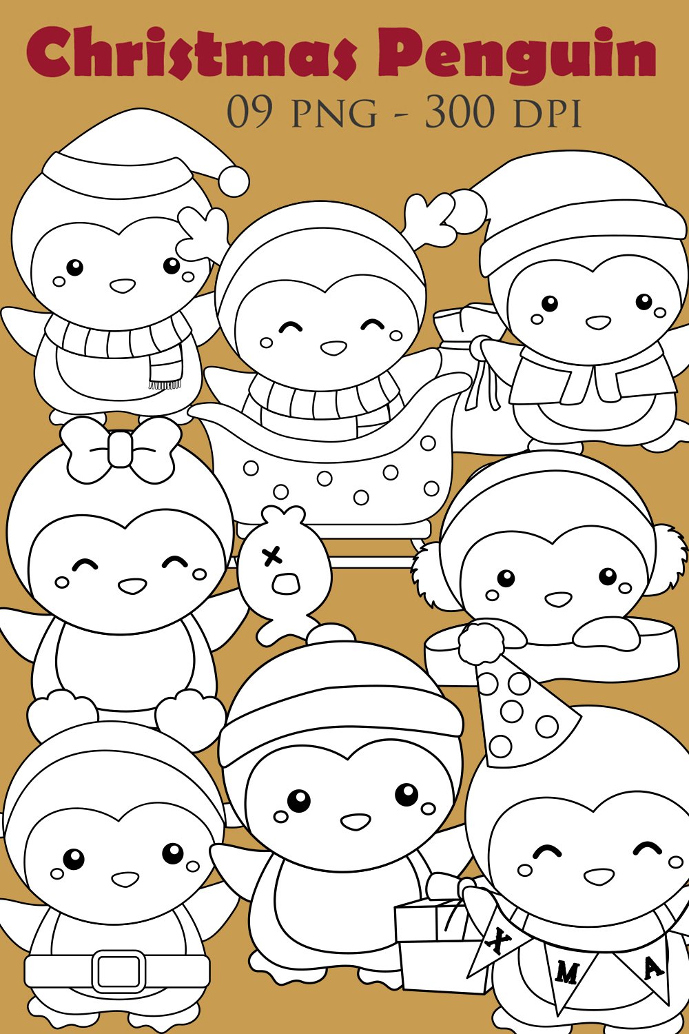 Christmas Animal Penguin Holiday Cartoon Digital Stamp Art