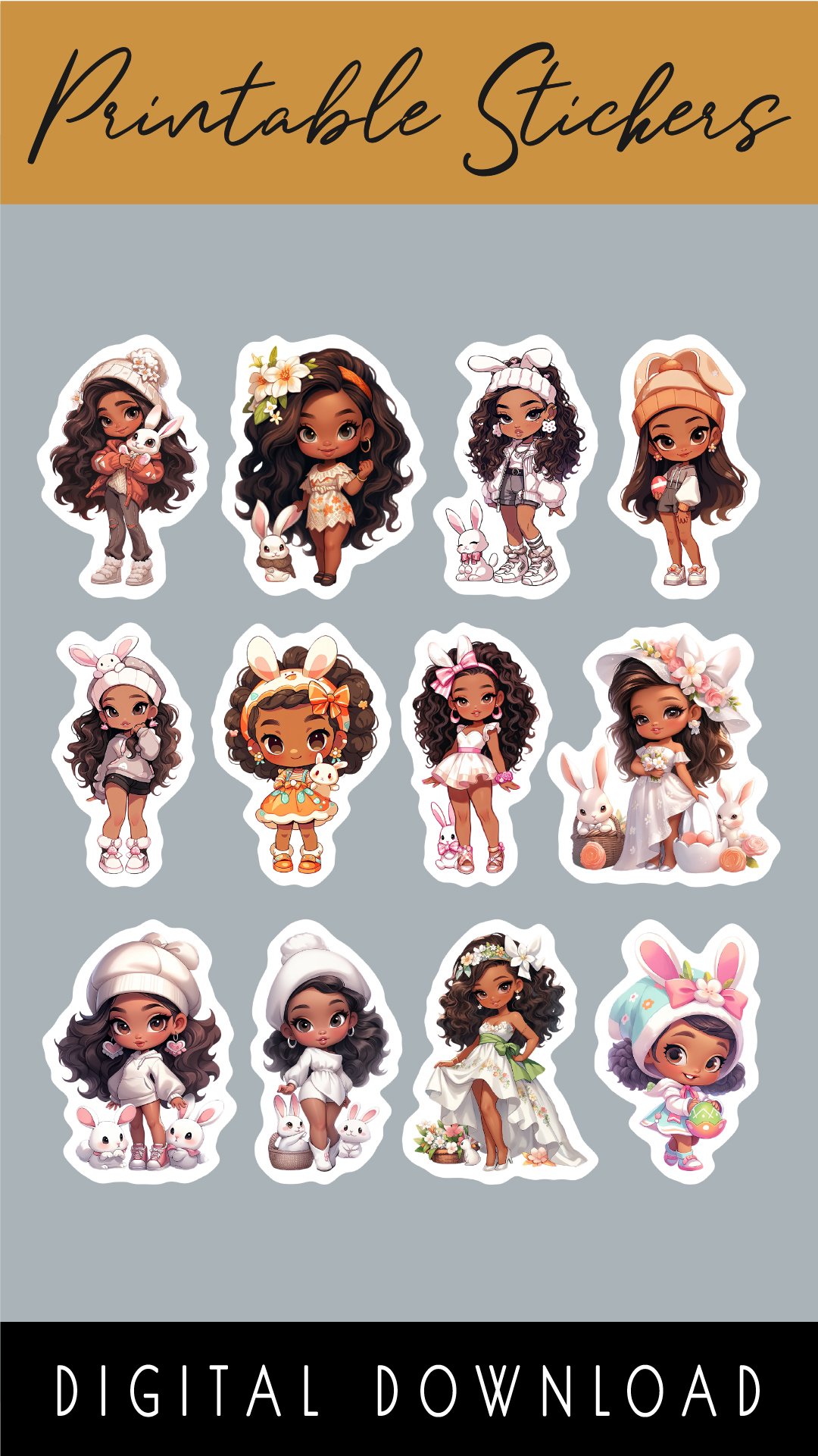 Easter Chibi Girl Printable Stickers Bundle & Sticker Sheet