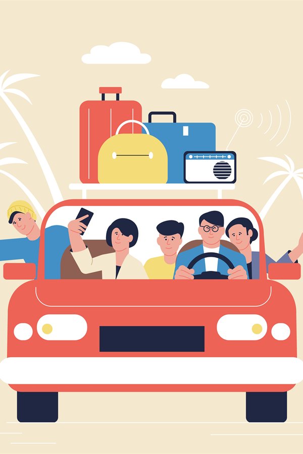 Friends car trip. Summertime travel, individual tour with fr