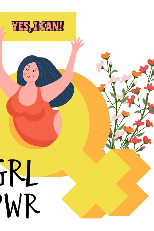 Girl power concept. Young woman in feminine symbol holding b