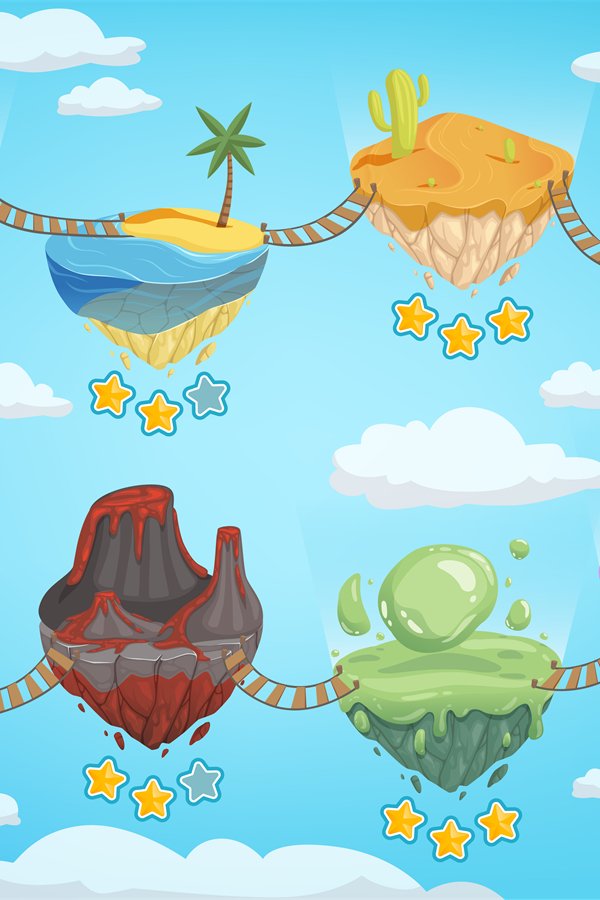 Game level map. Mobile ui stages with various isometric isla