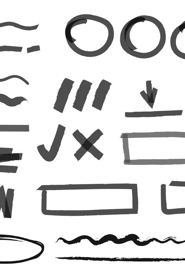 Markers line and tick marks. Pencil, highlighter elements. D