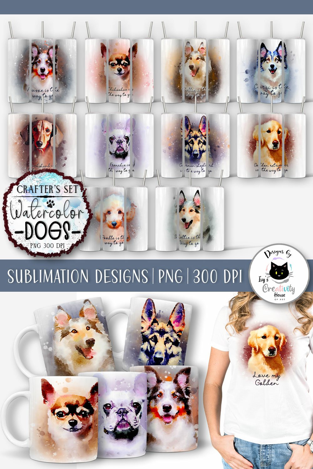 Watercolor Dog Breeds Sublimation Bundle | Dog Mug Wraps