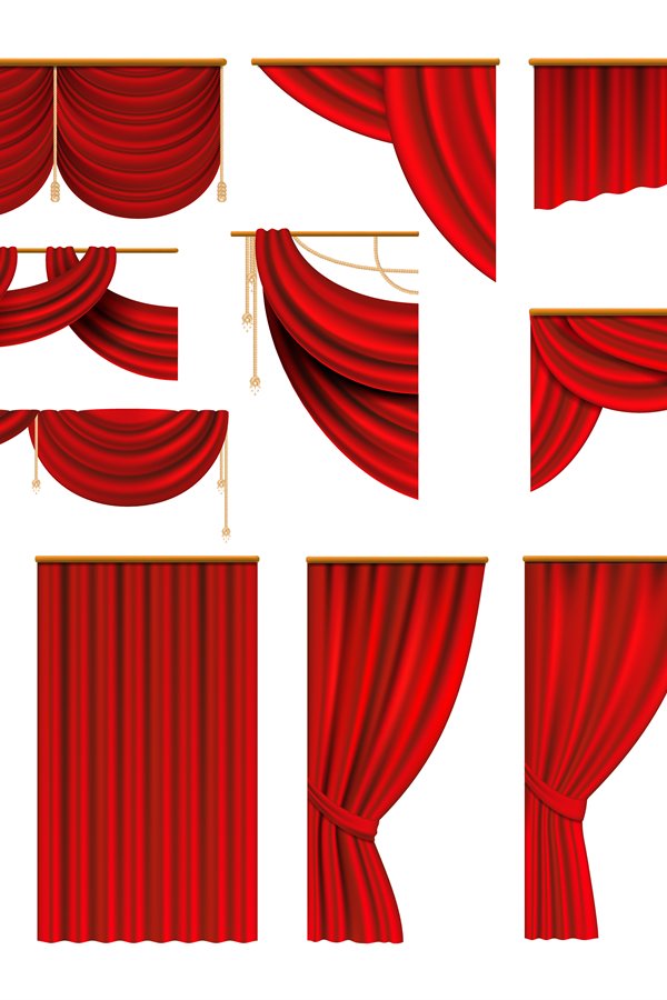 Realistic red curtains. Cinema and theater stage borders, 3D