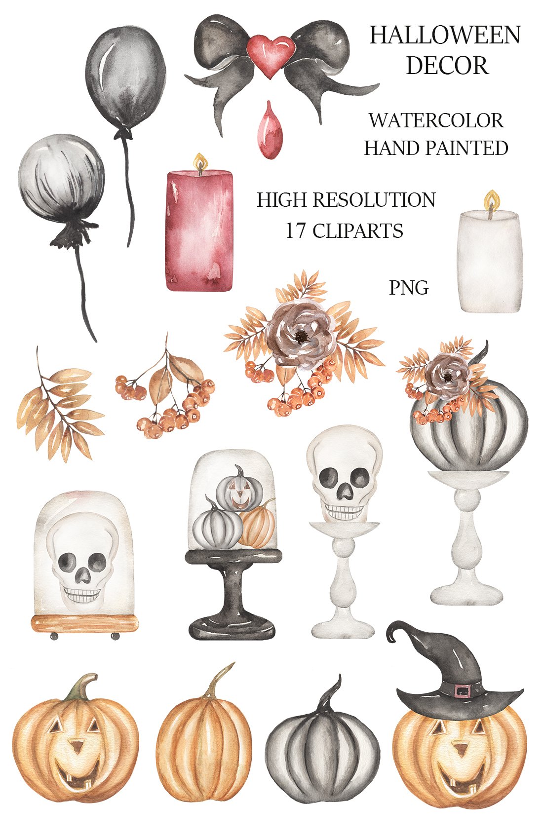 Watercolor Halloween Decor Clipart set Bundle