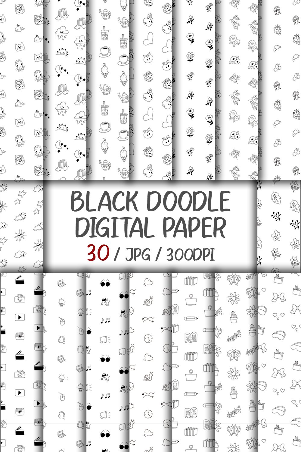 Black Doodle Pattern Digital Papers | Hand Drawn Design