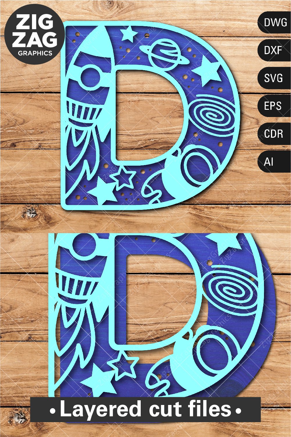 layered kids letter D with space rocket astronaut and stars
