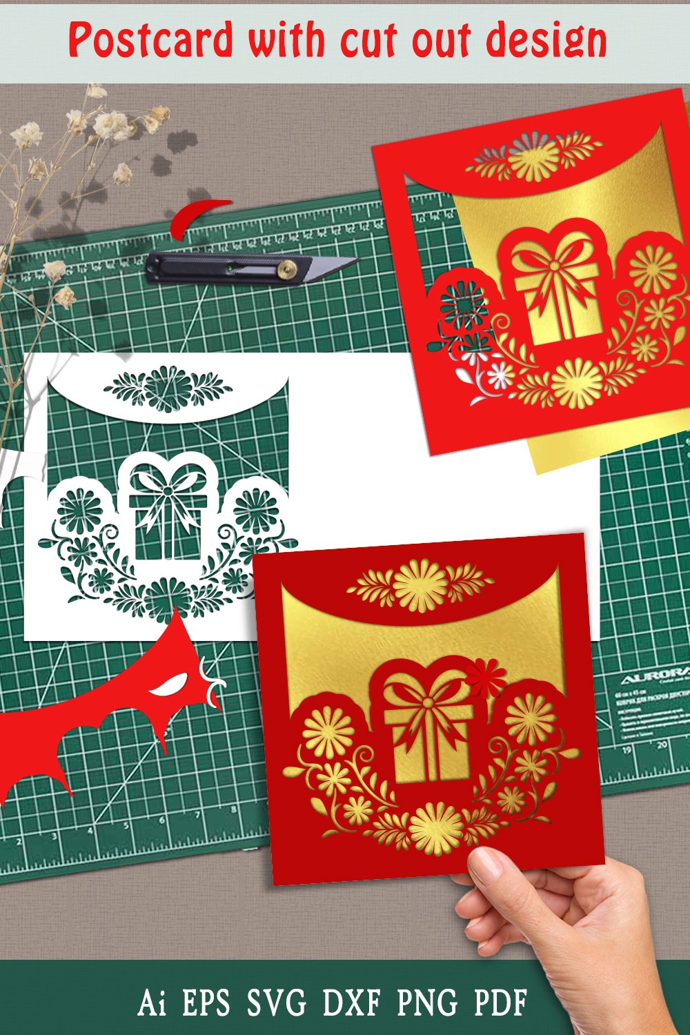 Decorative postcard with a gift. Cut out design.