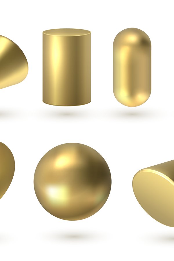 Golden geometric shapes. Realistic 3D metal elements isolate