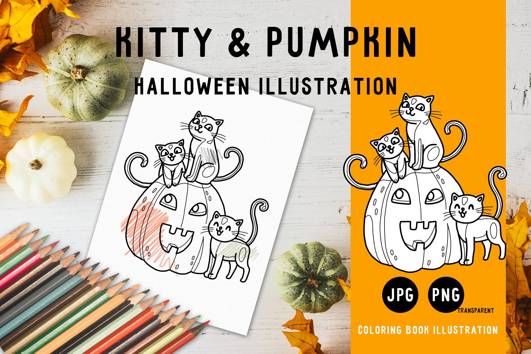 Halloween cat art Kitty & Pumpkin coloring page (1568795)