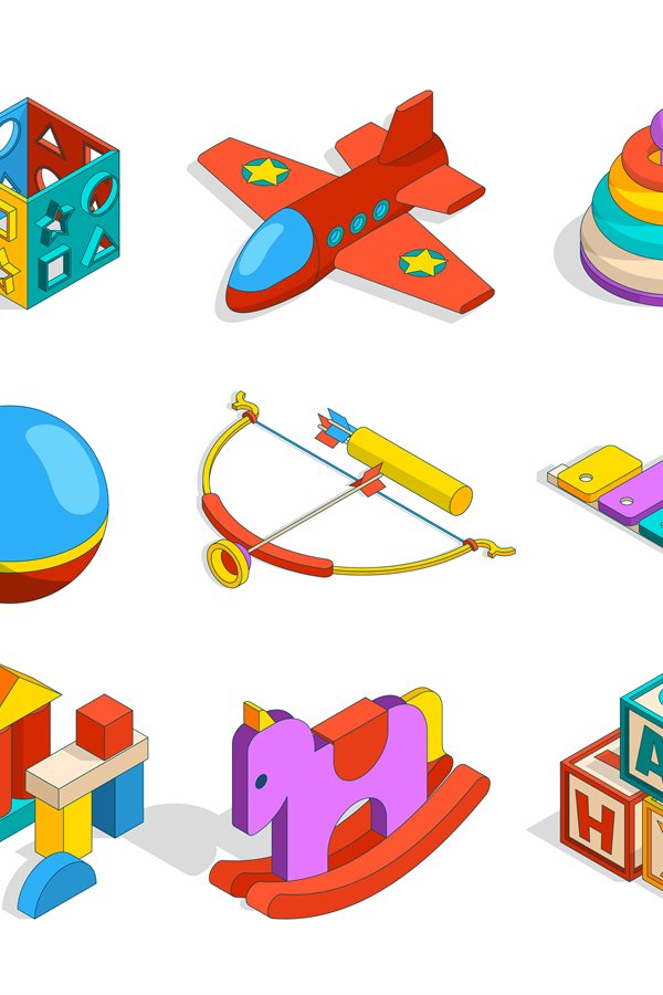 Toys isometric. Colored kindergarten objects for kids plasti
