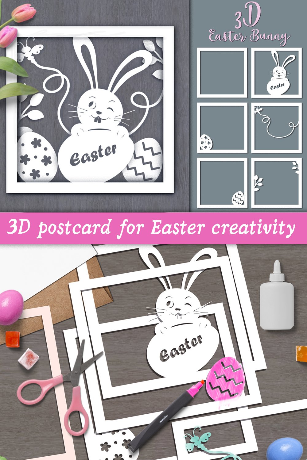 3D craft Easter bunny with an egg. Paper cut svg