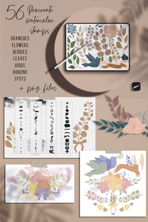 Watercolor stamps for Procreate and 56 png isolated elements