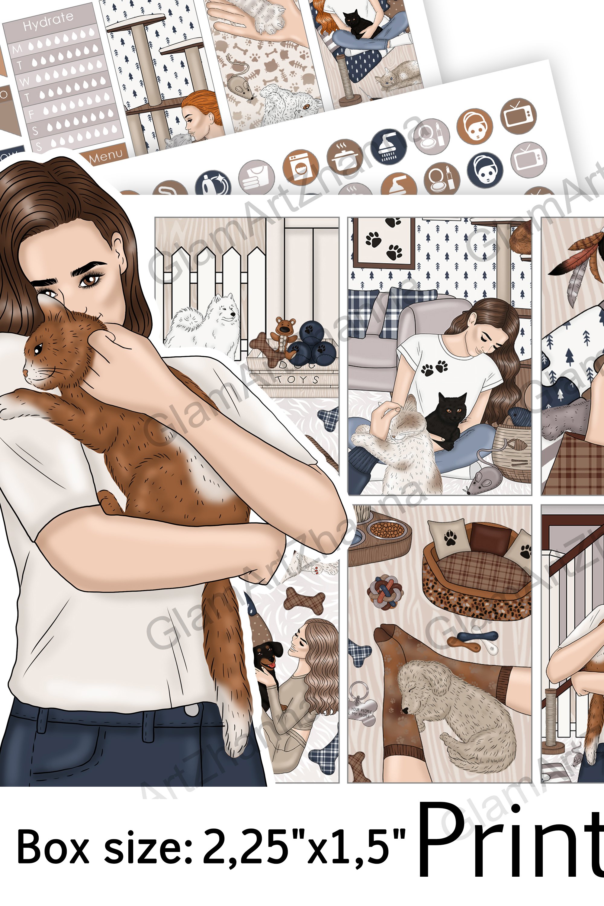 Pets Printable Dog Cat Stickers Box Size 2,25"x1,5"