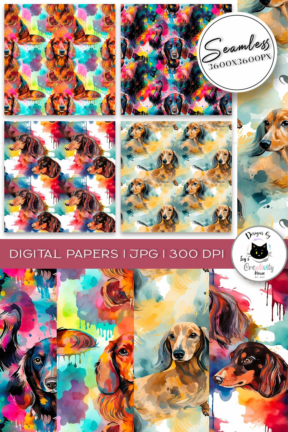 Watercolor Seamless Dog Digital Paper | Dachshund Patterns