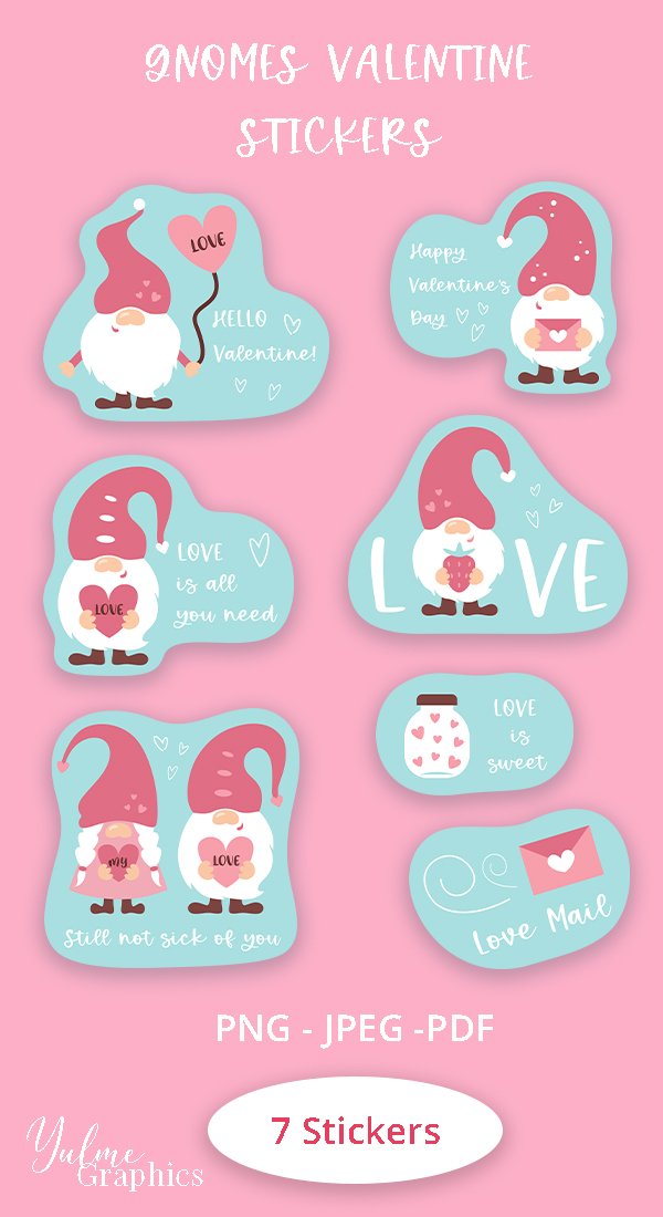 7 Printable Stickers with Valentine Gnomes.