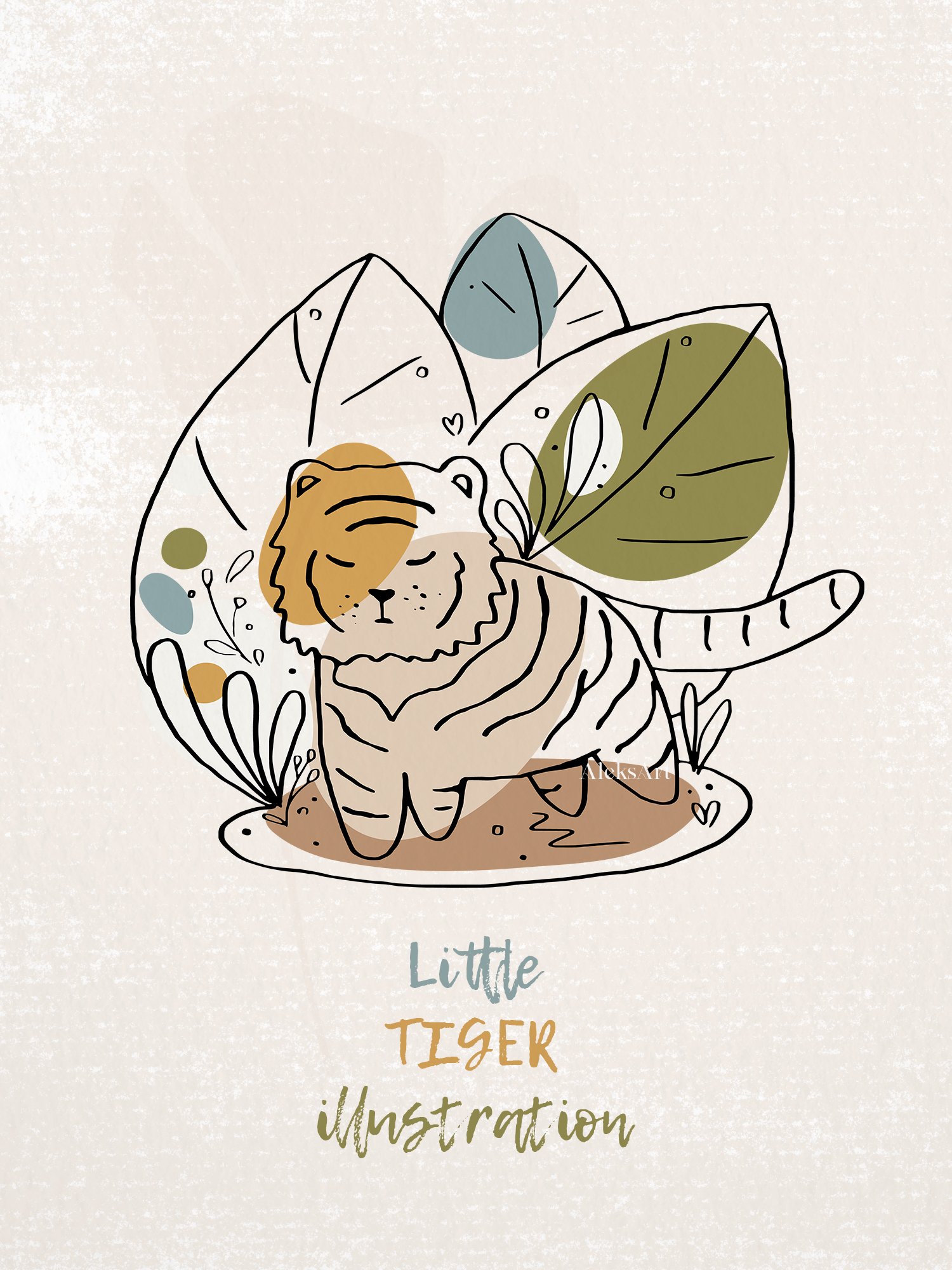 Baby tiger vector illustration and 2 seamless patterns