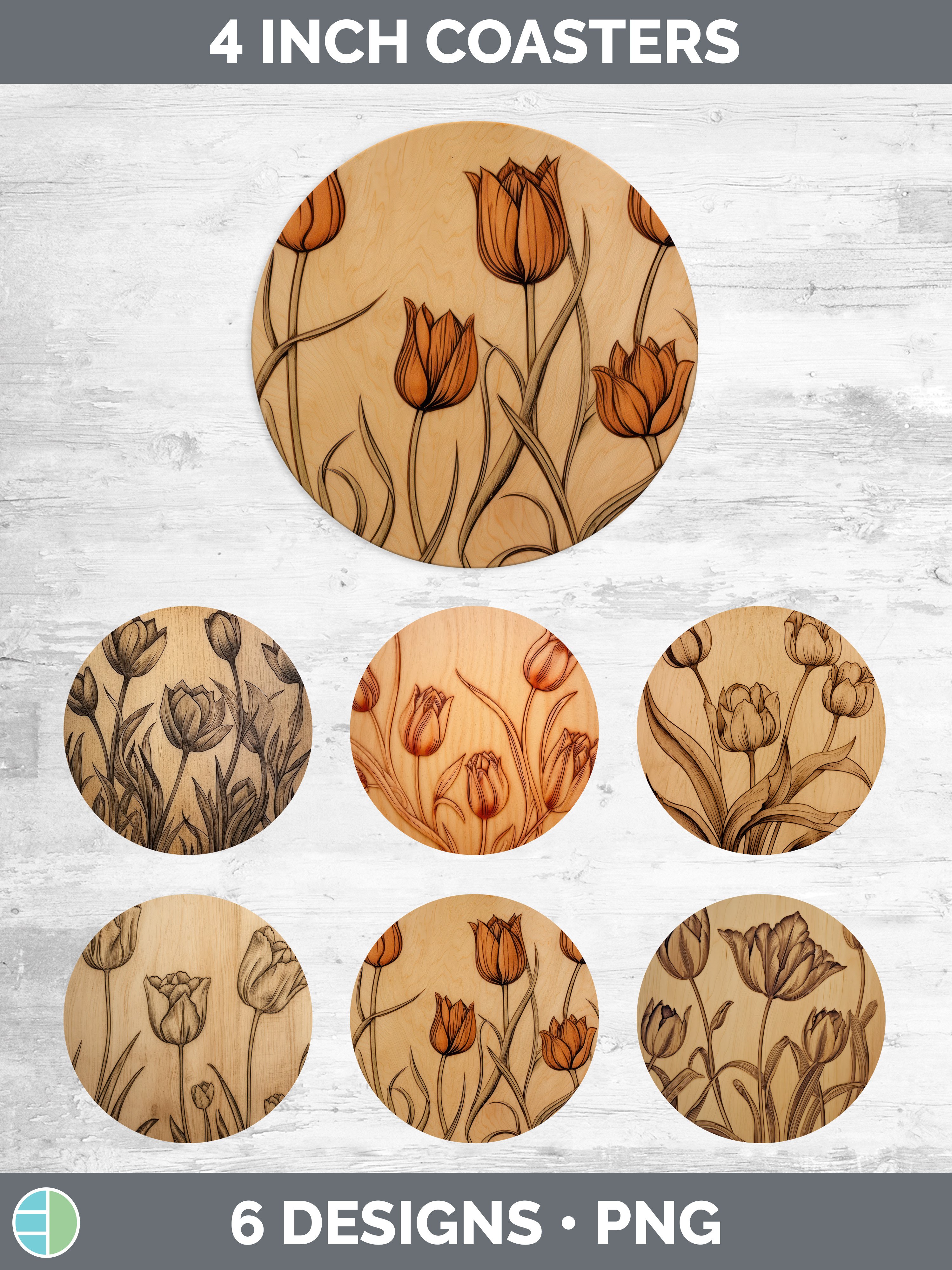Wood Burned Tulip Flowers Round Coaster | Sublimation Coaste