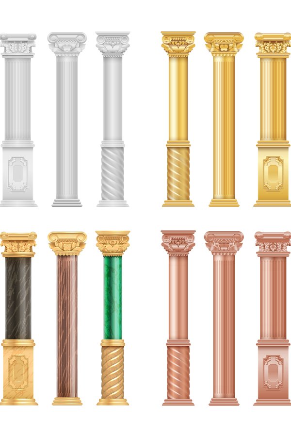 Gold white bronze columns. Realistic malachite stone and gol