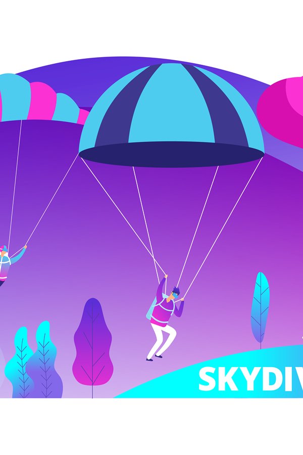 Skydiving vector background with cartoon jumpers colored