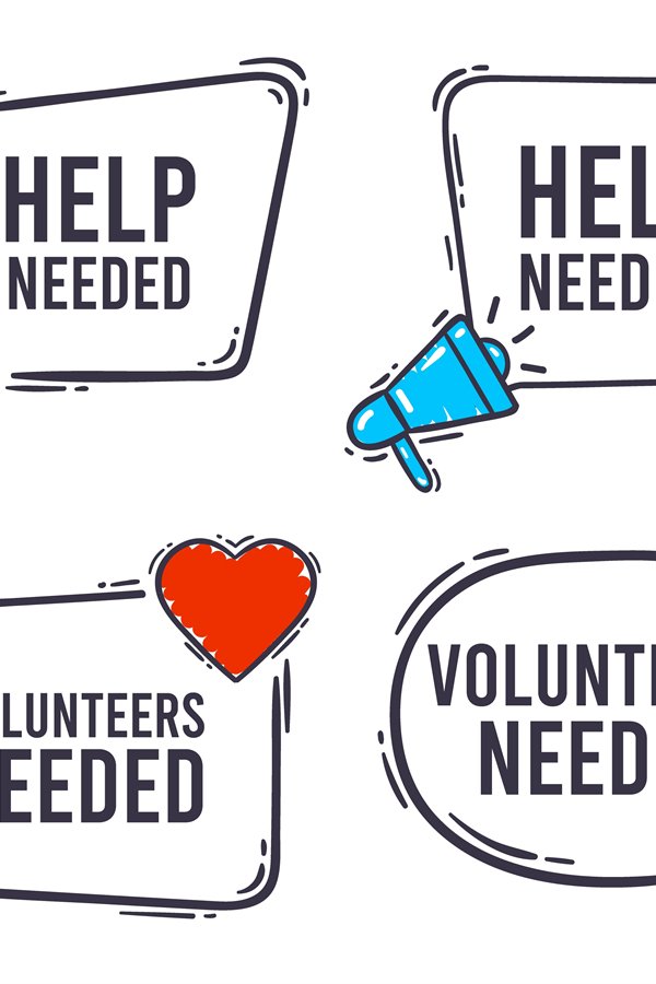 Volunteers needed banner. Help needed label with heart, help