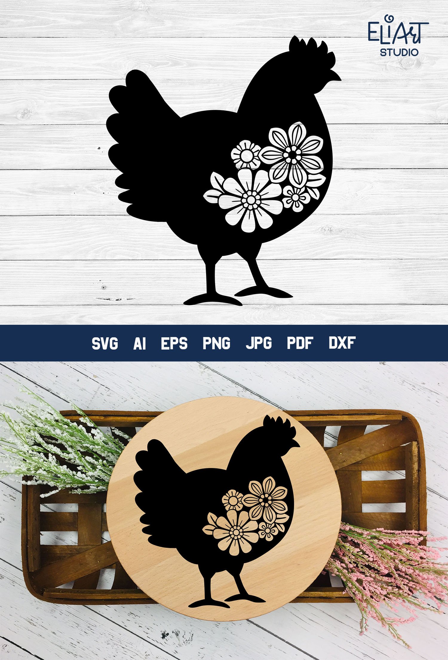 Floral Chicken SVG Silhouette | Floral Hen PNG Design