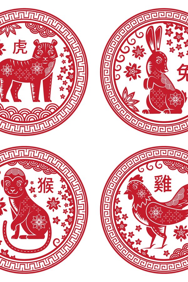Round Chinese zodiac signs. Circle stamps with animal