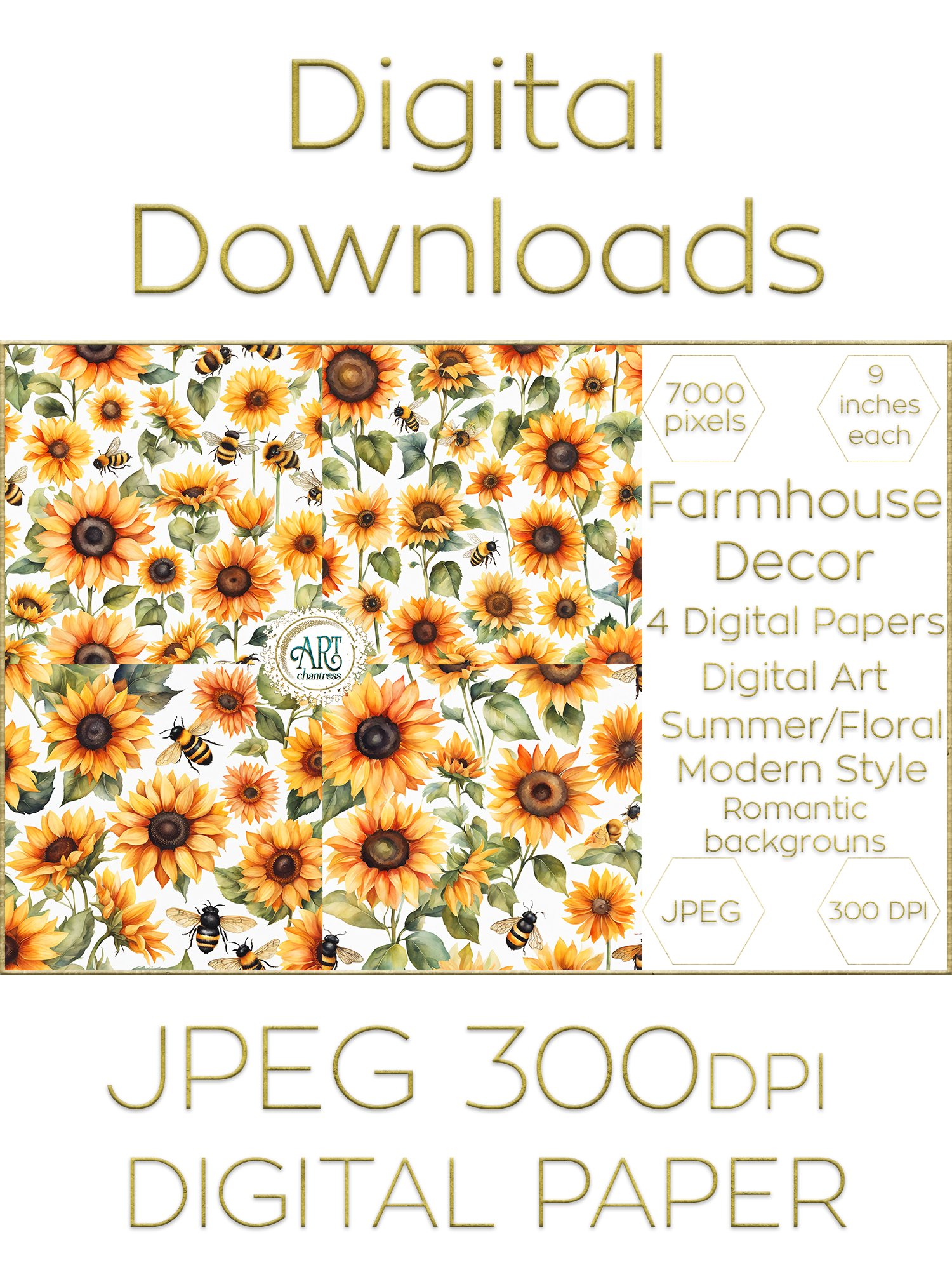 Watercolor Vintage Sunflower Digital Paper (3563410)